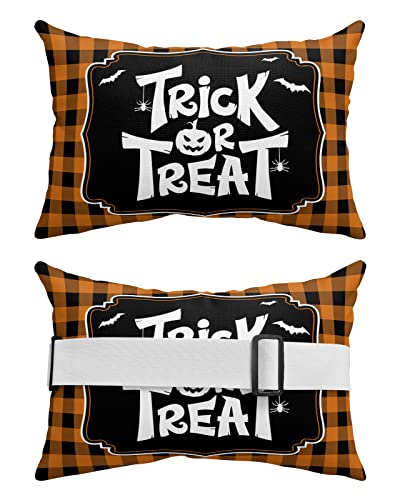 Recliner Head Pillow Ledge Loungers Chair Pillows with Insert Trick or Treat Pumpkin on Buffalo Plaid Lumbar Pillow with Adjustable Strap Outdoor Waterproof Patio Pillows for Beach Pool, 2 PCS