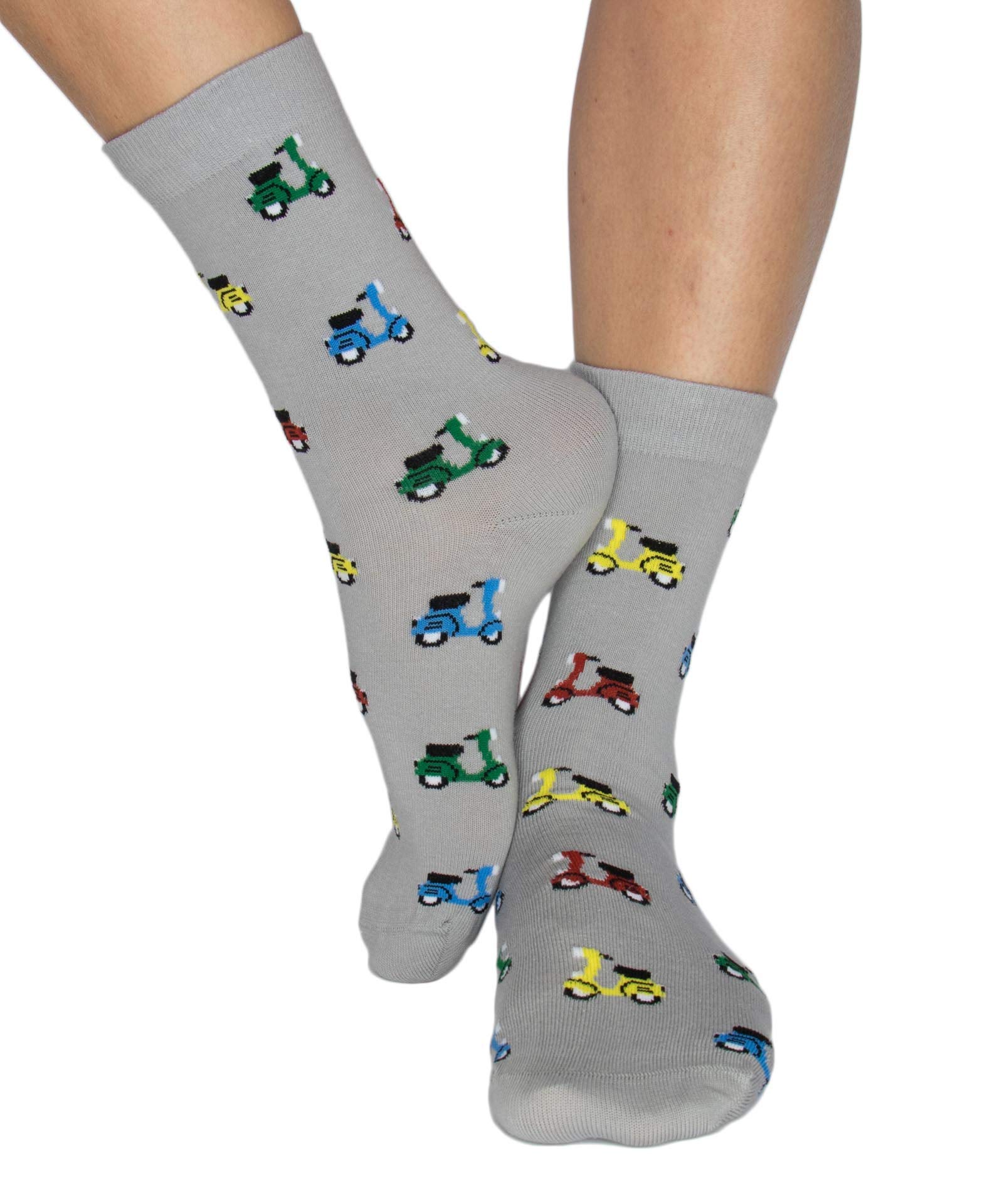 Roits Women's Vespa Gray Socks 6-9 - Fun Motorbike Patterned Cool Funny Happy Colorful Gift Funky Design Apparel Accessories