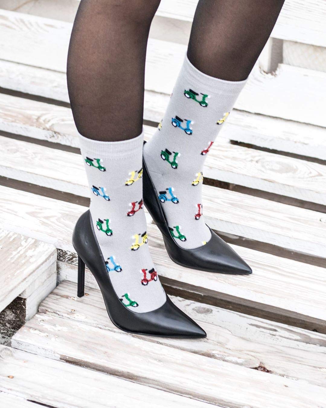 Roits Women's Vespa Gray Socks 6-9 - Fun Motorbike Patterned Cool Funny Happy Colorful Gift Funky Design Apparel Accessories