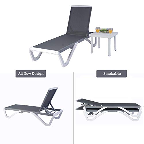 Kozyard Alan Full Flat Alumium and Polypropylene Resin Legs Patio Reclinging Adustable Chaise Lounge with Sunbathing Textilence, 5 Adjustable Position (Gray Textilene Without Table)