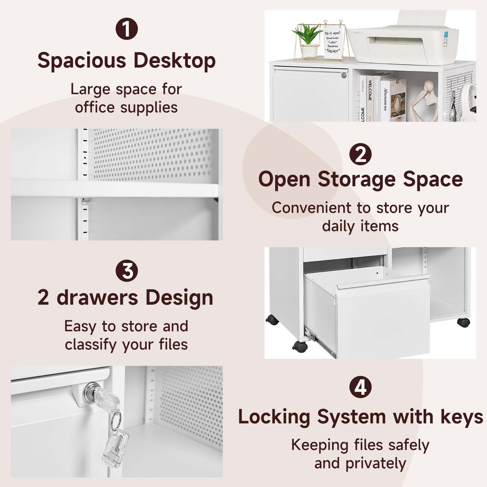 AFAIF Lateral File Cabinet, 2 Drawer File Cabinet with Lock, Printer Stand with Storage, Metal Mobile Filing Cabinet Home Office Organization Furniture for Letter/A4 Size Files