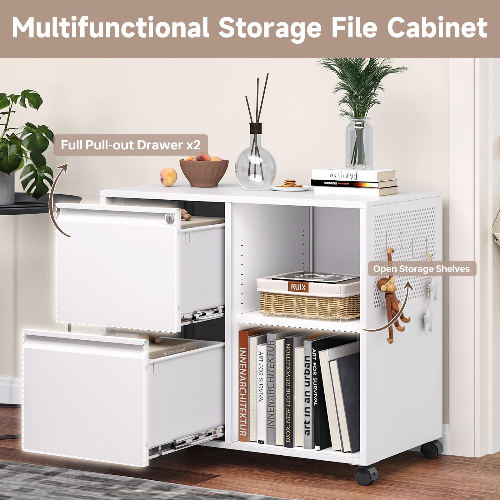 AFAIF Lateral File Cabinet, 2 Drawer File Cabinet with Lock, Printer Stand with Storage, Metal Mobile Filing Cabinet Home Office Organization Furniture for Letter/A4 Size Files