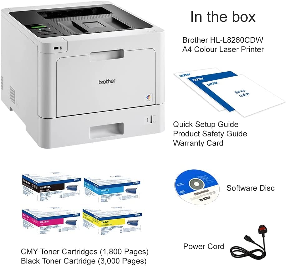 Brother Color HL-L8260CDW Single-Function Wireless Laser Printer, White - Print Only - 33 ppm, 600 x 2400 dpi, 8.5 x 14 Print Size, Auto 2-Sided Printing, Ethernet