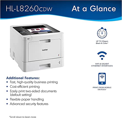 Brother Color HL-L8260CDW Single-Function Wireless Laser Printer, White - Print Only - 33 ppm, 600 x 2400 dpi, 8.5 x 14 Print Size, Auto 2-Sided Printing, Ethernet