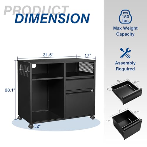 Fesbos Metal File Cabinet with Shelves & 2 Lockable Drawers - Home Office Black Lockable Lateral Filing Cabinet for Hanging Files Letter/Legal/F4/A4 Size - Assembly Required