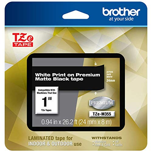 Brother P-touch TZe-M355 White Print on Premium Matte Black Laminated Tape 24mm (0.94ā) wide x 8m (26.2ā) long
