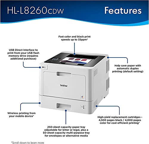 Brother Color HL-L8260CDW Single-Function Wireless Laser Printer, White - Print Only - 33 ppm, 600 x 2400 dpi, 8.5 x 14 Print Size, Auto 2-Sided Printing, Ethernet