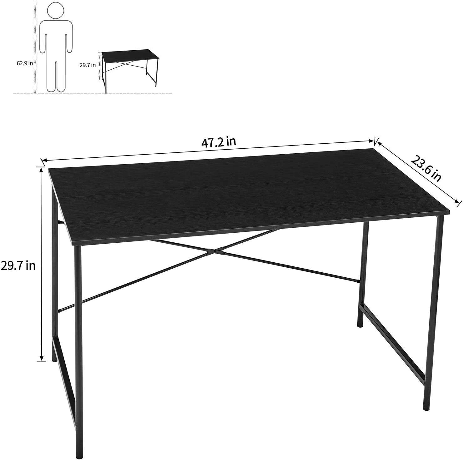 Coavas 47 inch Computer Desk Large Study Desk Simple Writing Table Workstation for Home, Black Wood Tabletop with Black Frame