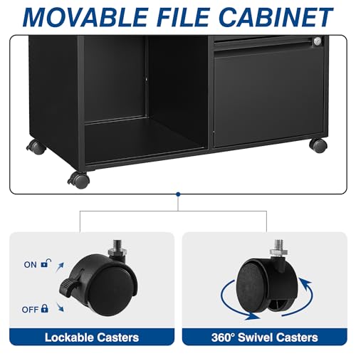 Fesbos Metal File Cabinet with Shelves & 2 Lockable Drawers - Home Office Black Lockable Lateral Filing Cabinet for Hanging Files Letter/Legal/F4/A4 Size - Assembly Required