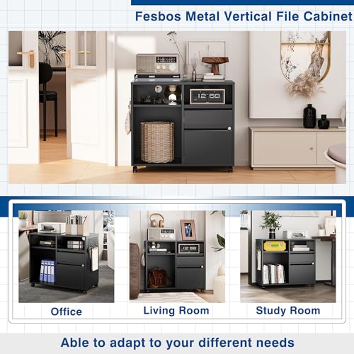 Fesbos Metal File Cabinet with Shelves & 2 Lockable Drawers - Home Office Black Lockable Lateral Filing Cabinet for Hanging Files Letter/Legal/F4/A4 Size - Assembly Required