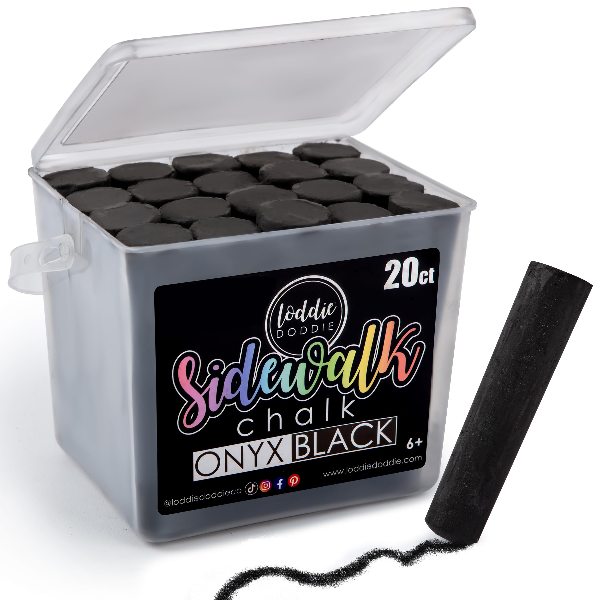 Loddie Doddie Reusable Bucket of Black Sidewalk Chalk - 20 Count Non-Toxic Jumbo Chalk Sticks for Kids, Fun & Easy Cleanup