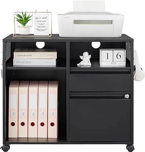 Fesbos Metal File Cabinet with Shelves & 2 Lockable Drawers - Home Office Black Lockable Lateral Filing Cabinet for Hanging Files Letter/Legal/F4/A4 Size - Assembly Required