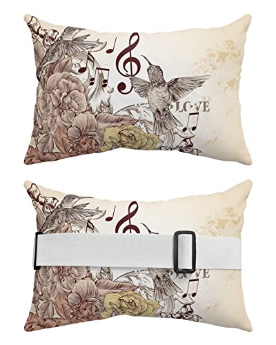 Recliner Head Pillow Ledge Loungers Chair Pillows with Insert Yellow Flowers Flying Hummingbirds and Musical Notes Lumbar Pillow with Adjustable Strap Patio Garden Cushion for Sofa Bench Couch, 2 PCS