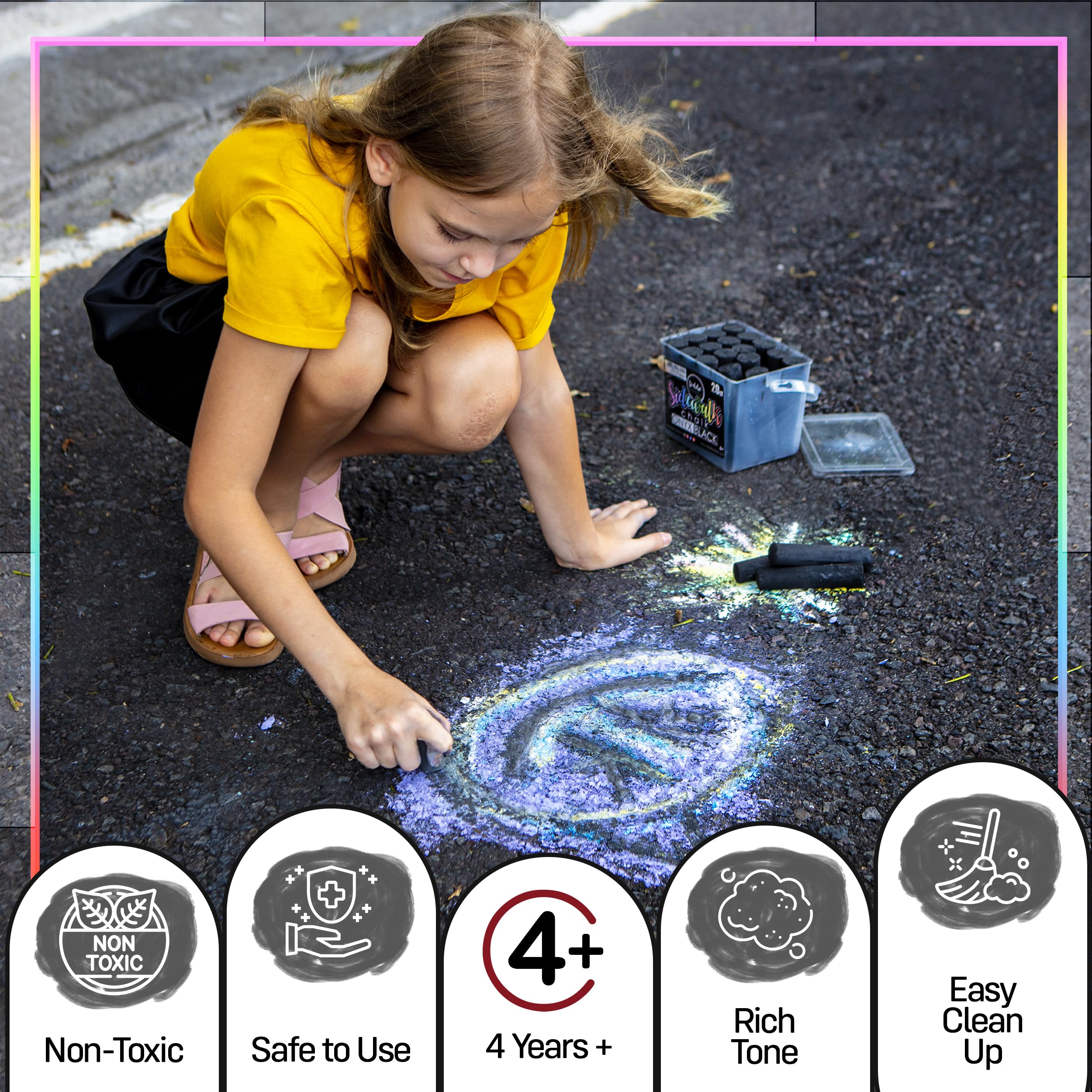 Loddie Doddie Reusable Bucket of Black Sidewalk Chalk - 20 Count Non-Toxic Jumbo Chalk Sticks for Kids, Fun & Easy Cleanup