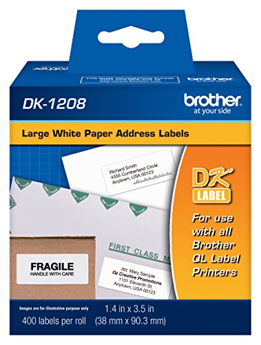 Brother, Die-Cut Large Address Labels, DK-1208, Brother Genuine Labels, Long Lasting Reliability, Die-Cut Large Address Paper Labels, 400 Labels per Roll, (1) Roll per Box