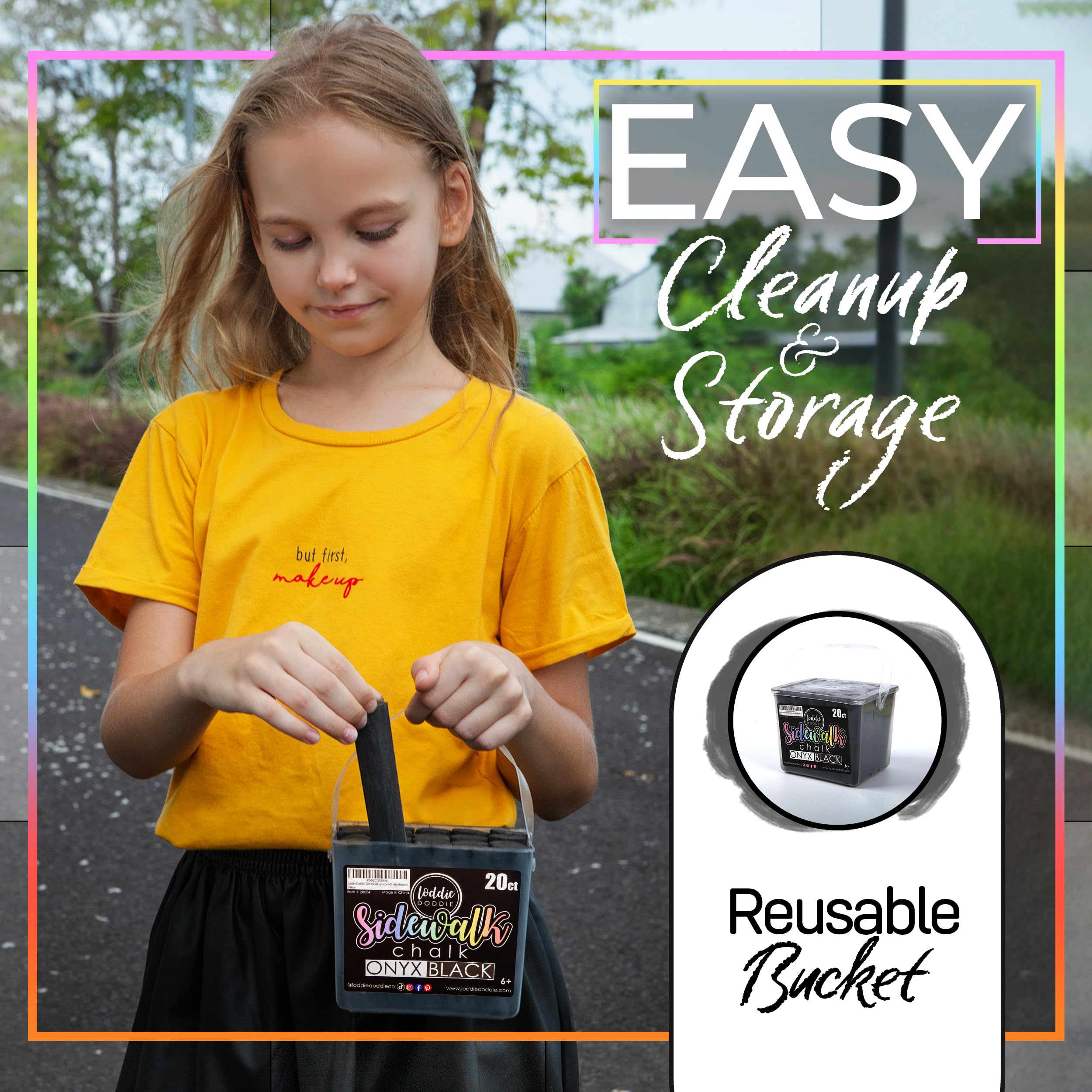 Loddie Doddie Reusable Bucket of Black Sidewalk Chalk - 20 Count Non-Toxic Jumbo Chalk Sticks for Kids, Fun & Easy Cleanup