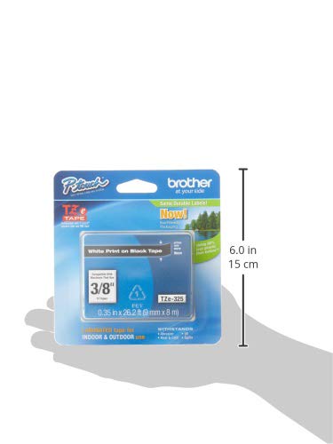 Brother Genuine P-touch TZE-325 Tape, 3/8" (0.35") Wide Standard Laminated Tape, White on Black, Laminated for Indoor or Outdoor Use, Water-Resistant, 0.35" x 26.2' (9mm x 8M), Single-Pack, TZE325