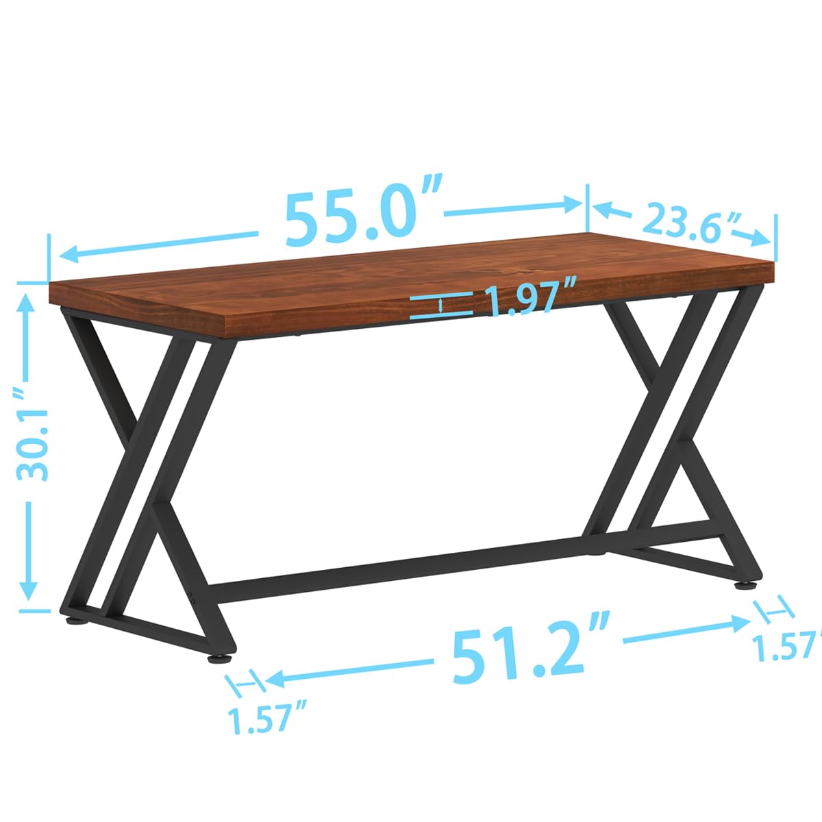 FurniChoi Solid Wood Computer Desk, Farmhouse Natural Wood Executive Office Desk, Industrial Writing Desk for Study and Work, Real Wood and Metal Computer Table for Bedroom Living room, Brown, 55 Inch