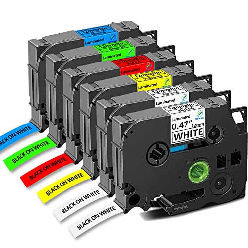 Techlink TZc-231 TZe 131 Compatible with Brother Label Maker Tape Laminated P Touch PT-D210 PT-H110 PT-D220 PTD400 PTD410 Label Tabe Maker 12mm x 8m (6 pcs White/Clear/Yellow/Red/Green/Blue Package)