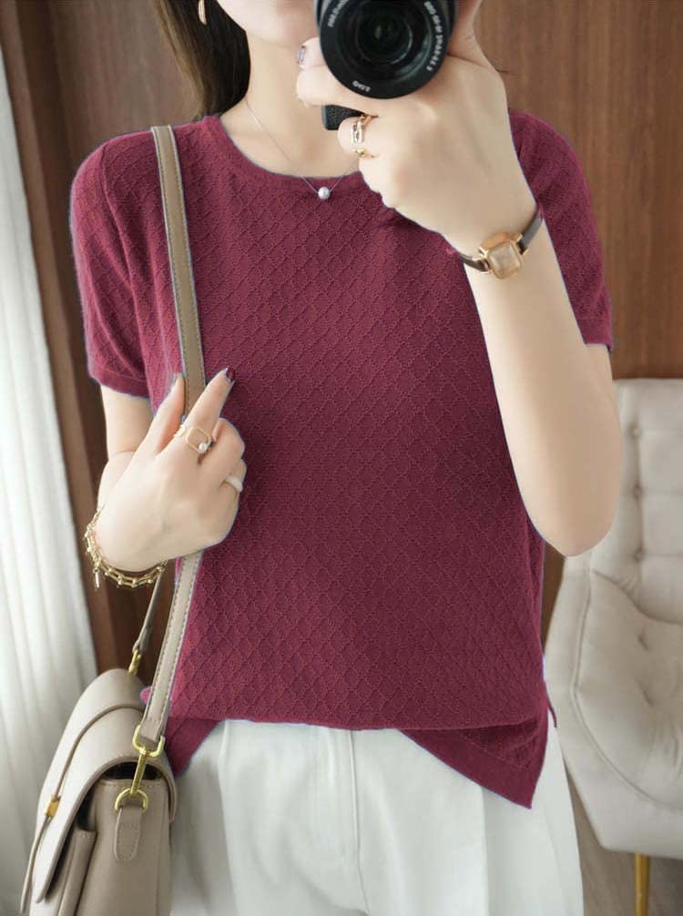 Ailaile Womens Short Sleeve Sweaters Tops Summer Thin Pullover Cotton Knit Shirt Crew Neck Lightweight Pointelle Blouse Jujube Red
