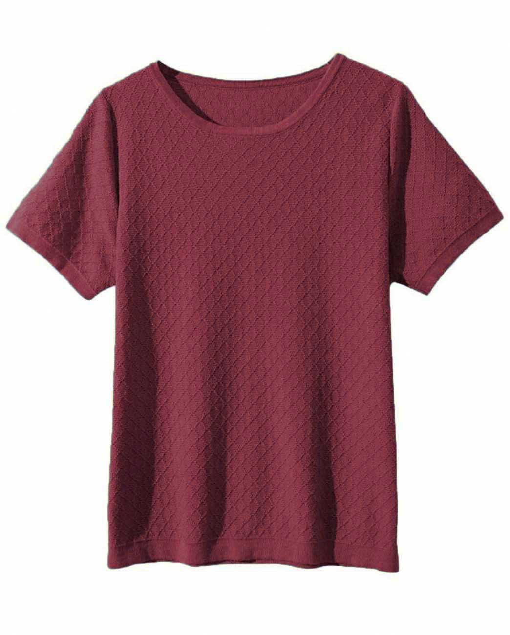 Ailaile Womens Short Sleeve Sweaters Tops Summer Thin Pullover Cotton Knit Shirt Crew Neck Lightweight Pointelle Blouse Jujube Red