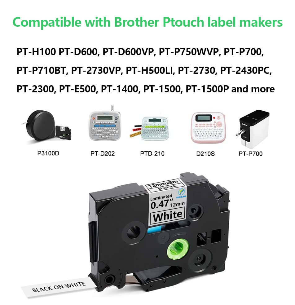Techlink TZc-231 TZe 131 Compatible with Brother Label Maker Tape Laminated P Touch PT-D210 PT-H110 PT-D220 PTD400 PTD410 Label Tabe Maker 12mm x 8m (6 pcs White/Clear/Yellow/Red/Green/Blue Package)