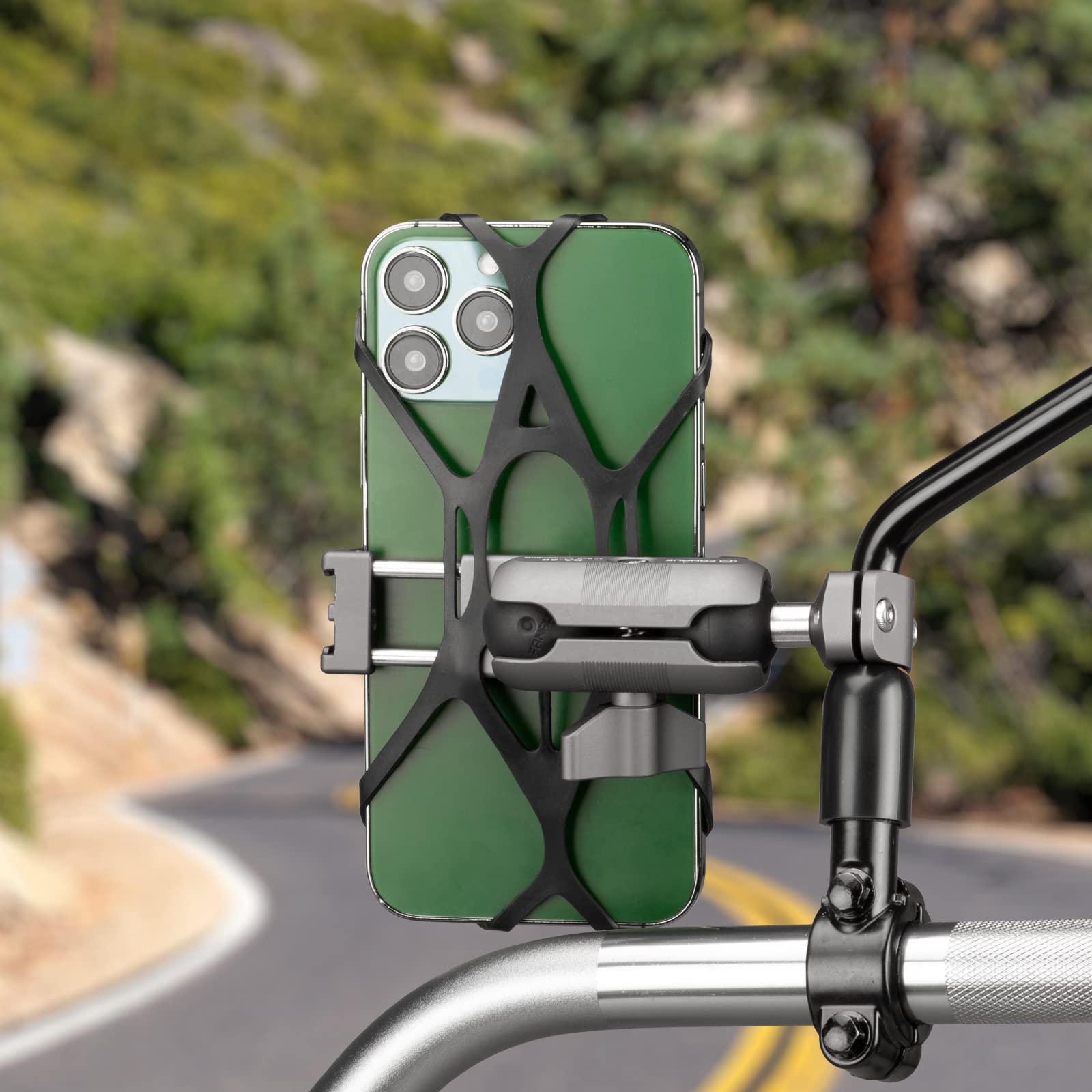 FANAUE Motorcycle Phone Mount for Rearview Mirror Clip U-Bolt Base, 360° Adjustable with Built-in Rubber Pads and Tether,Compatible with RAM Mounts (CC-06T)