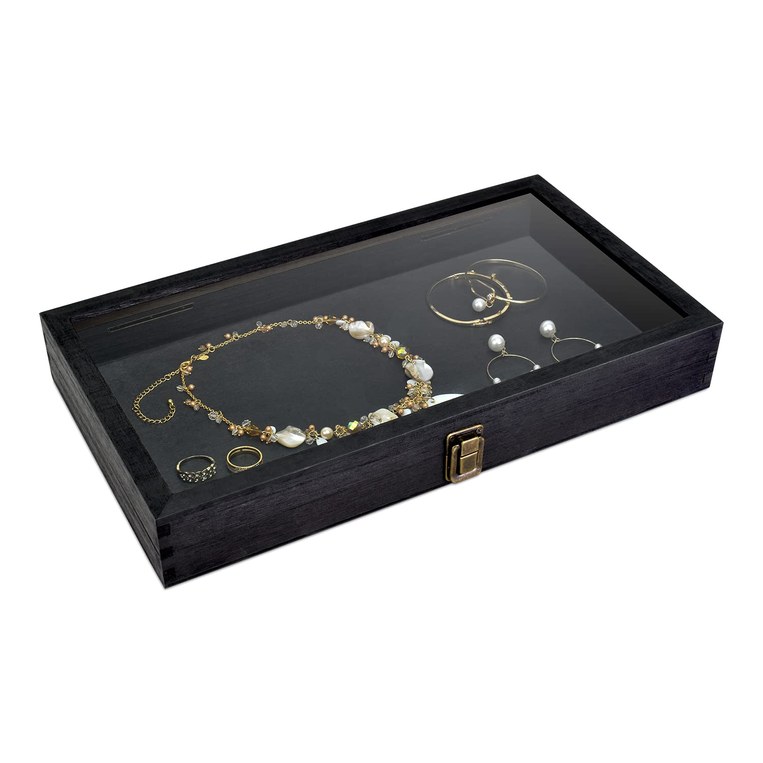 MOOCA Wood Tempered Glass Top Jewelry Display Case Accessories Storage Box with Metal Clasp, Wooden Jewelry Tray for Collectibles, Pocket Knife Display Case, Black