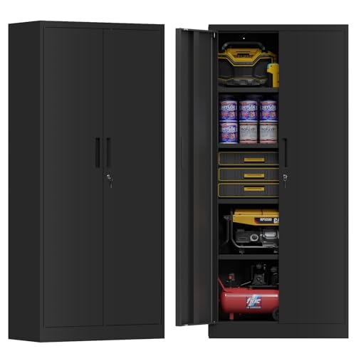 Maemttes 72" Metal Storage Cabinet with Doors and Shelves, Tall Garage Cabinets Lockable File Cabinet, Heavy-Duty Locker Cabinet Tool Cabinet for Garage, Office, Home, Kitchen (Black)