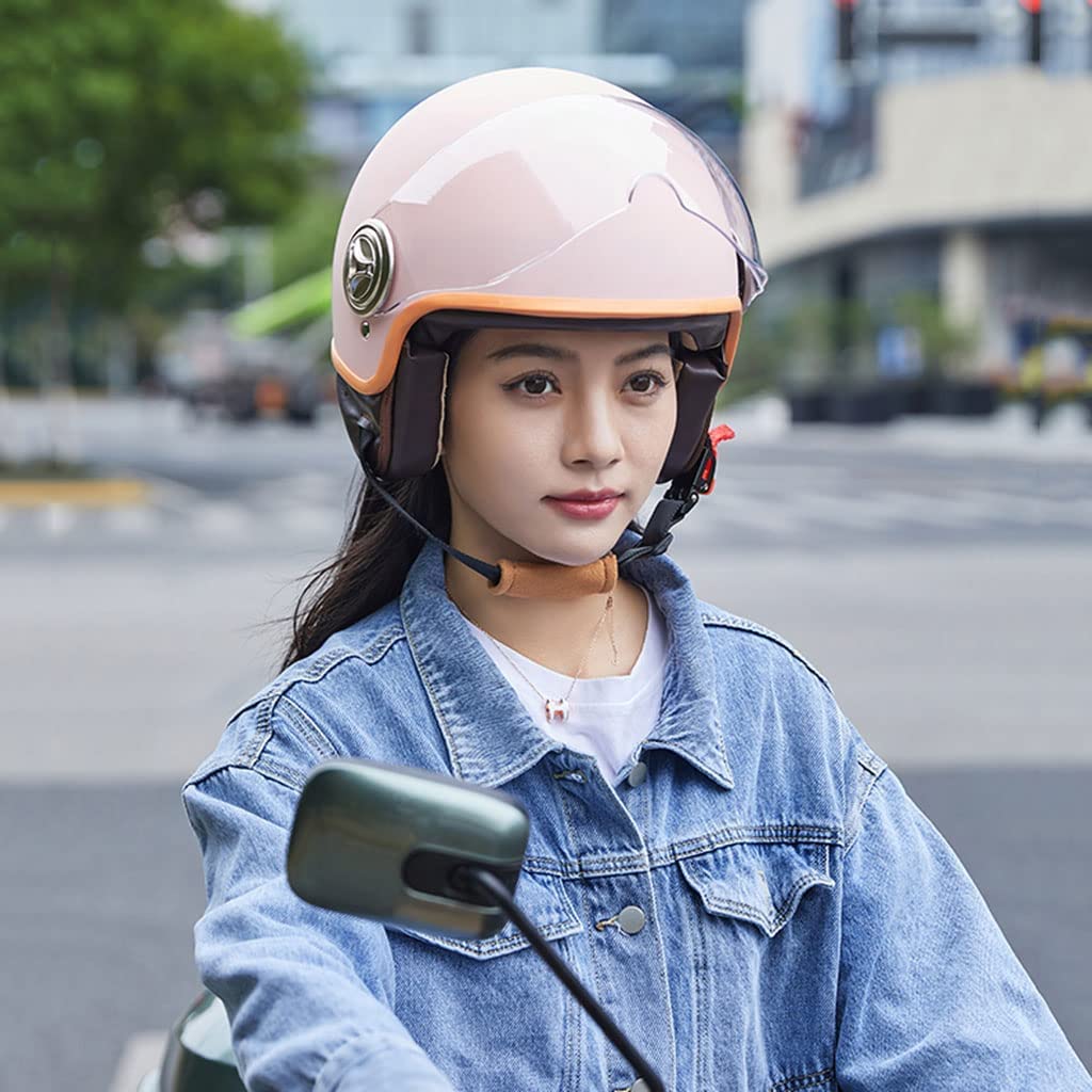 Vespa Retro 3/4 Open Face Motorcycle Helmet - DOT Approved Vintage Electrical Scooter Helmet with Visor Light - Breathable Quick Buckle - Pink - 54-61CM