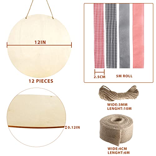 12pcs Wood Circles for Crafts 12inch Unfinished Blank Round Wooden Slices Easter Ornaments Home Decorations DIY Cutouts Welcome Door Decors Signs Red Black Plaid Burlap Ribbon Rustic Jute Rope Strings
