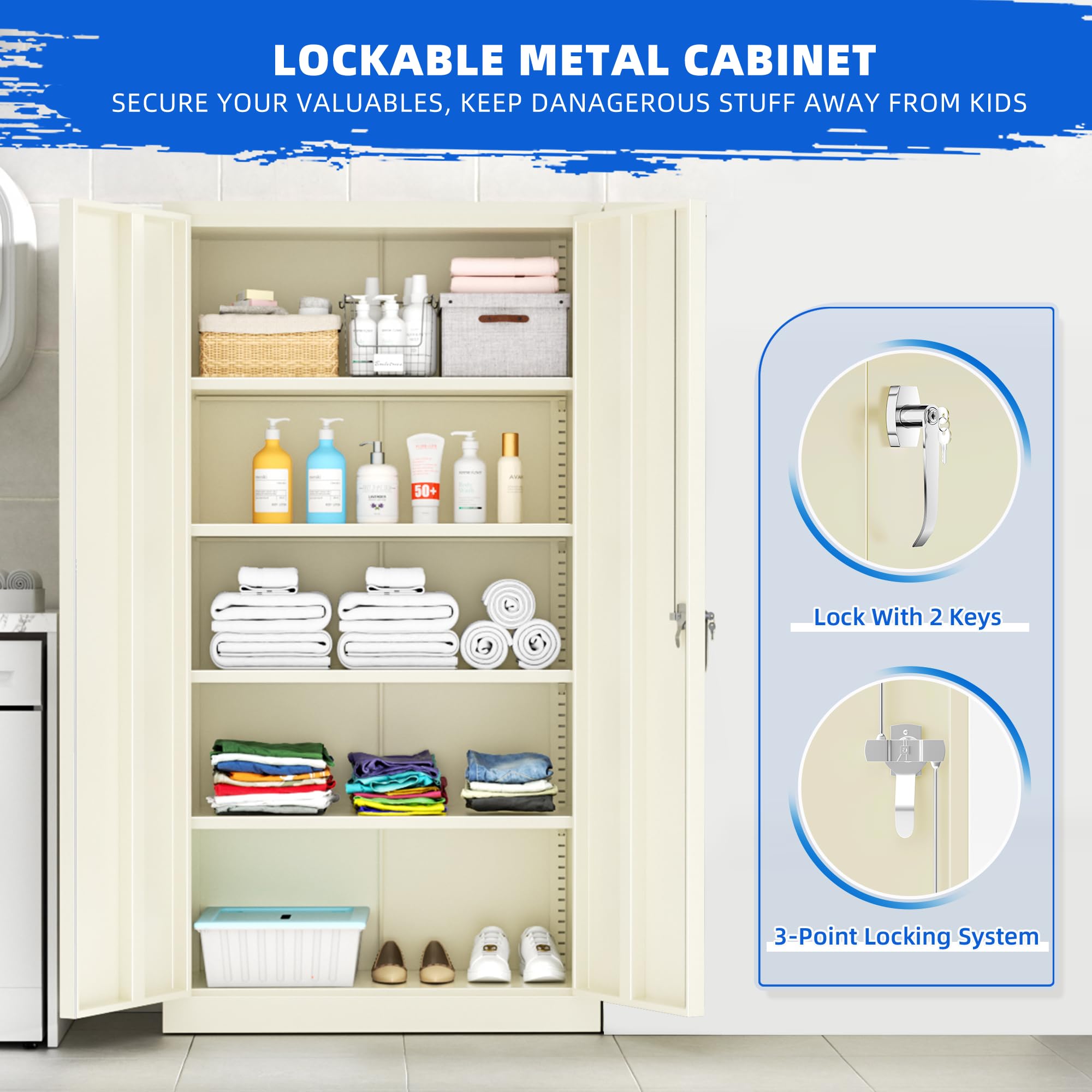 Superday Locking Metal Cabinet 72"×36"×18", Tall Storage Cabinet with 2 Doors and 4 Shelves, Large Metal Steel Utility Cabinet for Garage Tool Office File Pantry (Putty)