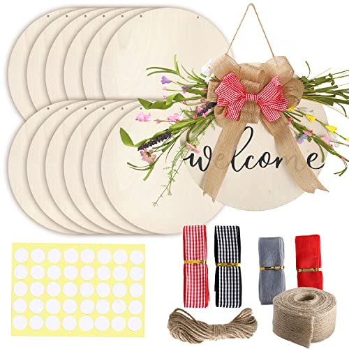 12pcs Wood Circles for Crafts 12inch Unfinished Blank Round Wooden Slices Easter Ornaments Home Decorations DIY Cutouts Welcome Door Decors Signs Red Black Plaid Burlap Ribbon Rustic Jute Rope Strings