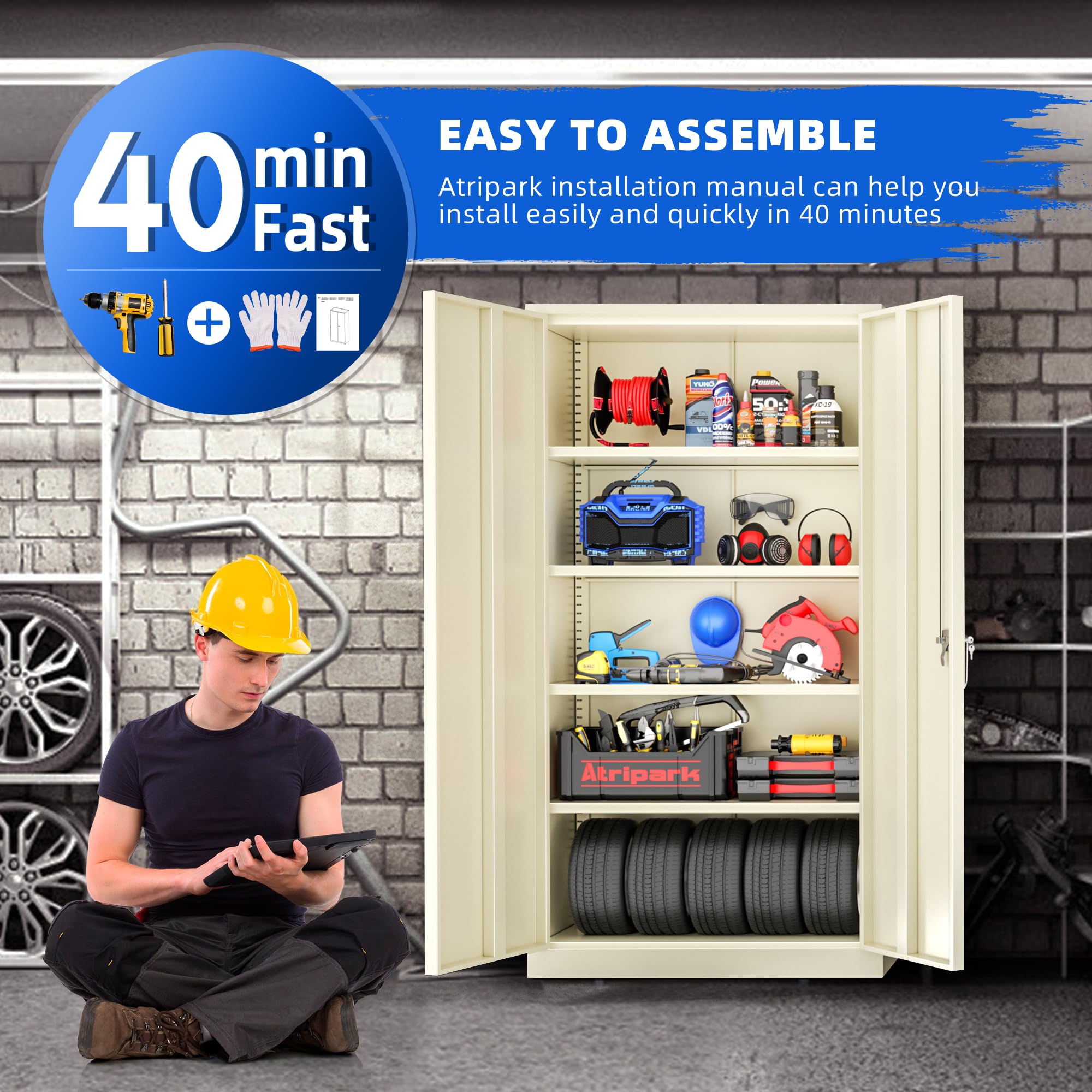 Superday Locking Metal Cabinet 72"×36"×18", Tall Storage Cabinet with 2 Doors and 4 Shelves, Large Metal Steel Utility Cabinet for Garage Tool Office File Pantry (Putty)