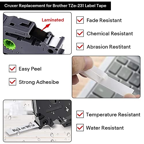 Label Tape Replacement for Brother - 2 Pack P Touch Label Tape Compatible with Brother TZe-231 TZ-231 Laminated, Black on White 12mm 0.47", for PT-D200 PT-D210 PT-D400 PT-H100 PT-1230PC Label Makers