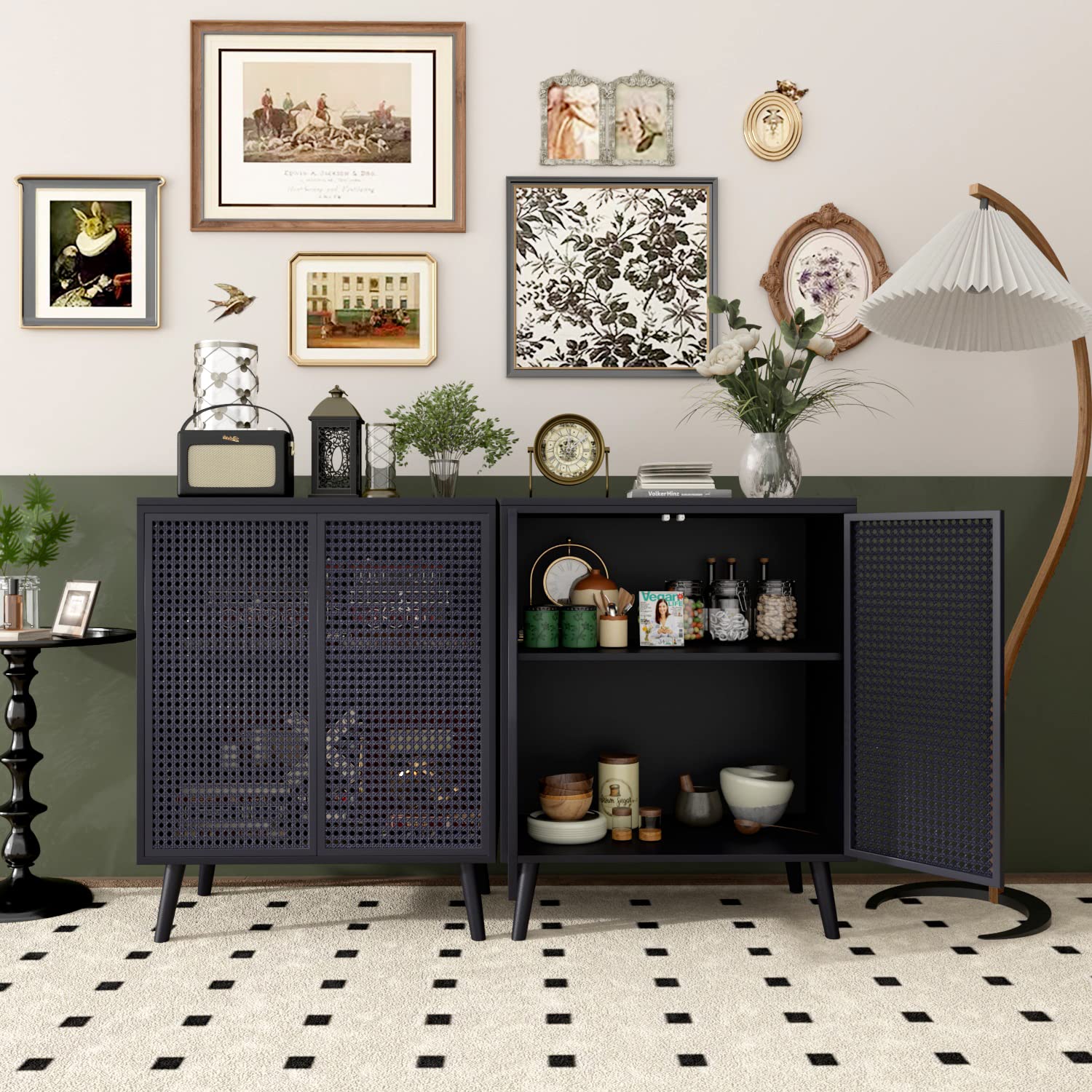 JZXSHD 2-Piece Metal Rattan Sideboard with 2 Doors for Kitchen, Living Room, Hallway, Black 2-Pack