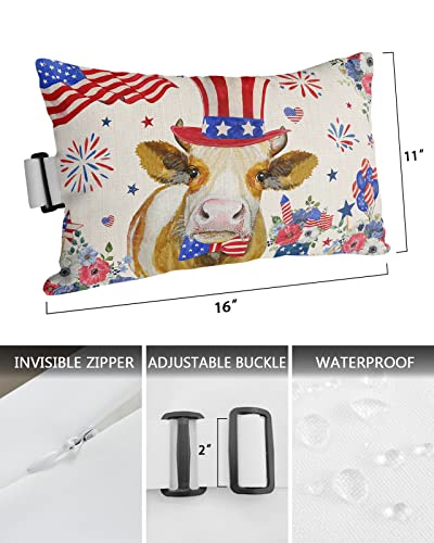 Recliner Head Pillow Ledge Loungers Chair Pillows with Insert Independence Day USA Flag Cow Poppies Linen Lumbar Pillow with Adjustable Strap Outdoor Waterproof Patio Pillows for Beach Pool, 2 PCS