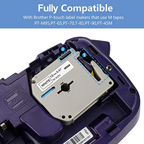 Compatible M-231 for Brother P-Touch M Tape 12mm 0.47" White M-K231 M231 MK231 M-231S for Brother PT-M95 PT65 PT70 PT90 PT80 PT85 Label Makers,6-Pack