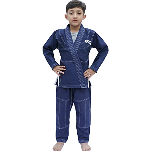 G4 VISION BJJ Kids Jiu Jitsu Gi, Brazilian Jiu Jitsu Uniform, Children Grappling Preshrunk Kimonos Lightweight White Belt (Blue, K0000)