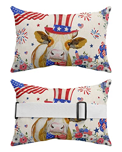 Recliner Head Pillow Ledge Loungers Chair Pillows with Insert Independence Day USA Flag Cow Poppies Linen Lumbar Pillow with Adjustable Strap Outdoor Waterproof Patio Pillows for Beach Pool, 2 PCS