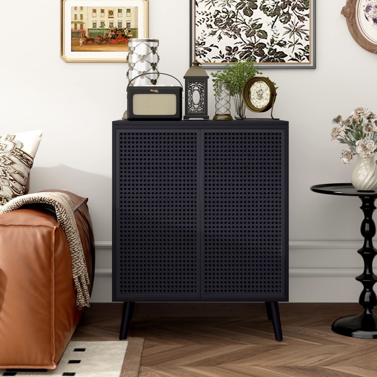 JZXSHD 2-Piece Metal Rattan Sideboard with 2 Doors for Kitchen, Living Room, Hallway, Black 2-Pack