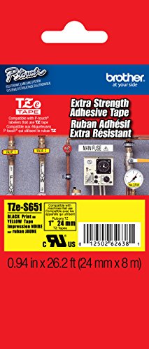 Brother 1" (24mm) Black Print on Yellow Extra Strength Adhesive P-Touch Tape for Brother PT-D600, PTD600 Label Maker