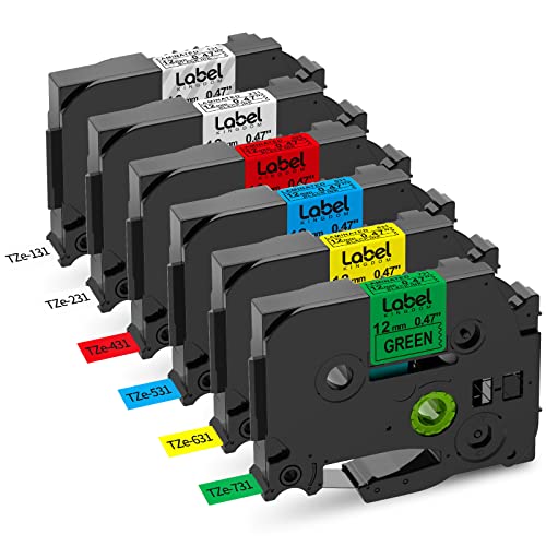 PT-D220 PTH100 PTD210 PTD600 Compatible Brother Label Maker Tape 12mm 0.47 Inch Laminated Replacement for Brother P-Touch TZe Tape TZe-231 TZe-131 TZe-431 TZe-531 TZe-631 TZe-731, 6-Pack