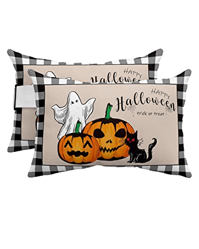 Recliner Head Pillow Ledge Loungers Chair Pillows with Insert Trick or Treat Pumpkin Ghost Black Cat Lumbar Pillow with Adjustable Strap Outdoor Waterproof Patio Pillows for Beach Pool Chair, 2 PCS