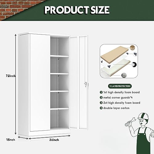 Pataku Metal Storage Cabinet, Garage Cabinet with Doors and Shelves 72''Hx36''Wx18''D, File Cabinet for Office, Tool Cabient for Garage, Utility Room, Pantry, White
