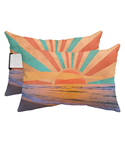 Recliner Head Pillow Ledge Loungers Chair Pillows with Insert Hand Drawn Orange Abstract Sunset in Seaside Lumbar Pillow with Adjustable Strap Outdoor Waterproof Patio Pillows for Beach Pool, 2 PCS