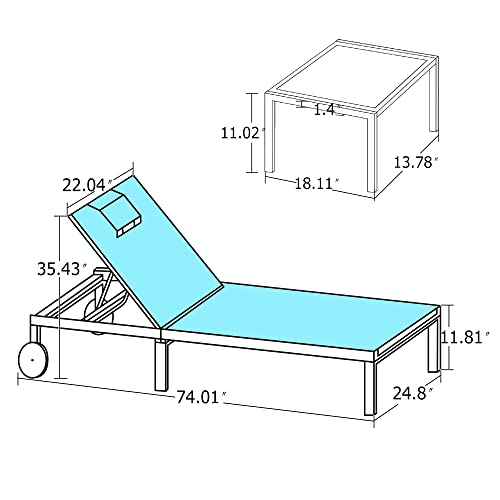 PURPLE LEAF Outdoor Tanning Lounge Chair Set with Face Hole Aluminum Adjustable Chairs Wheels Pillows and Table for Poolside Beach Patio Reclining Sunbathing Lounger Blue