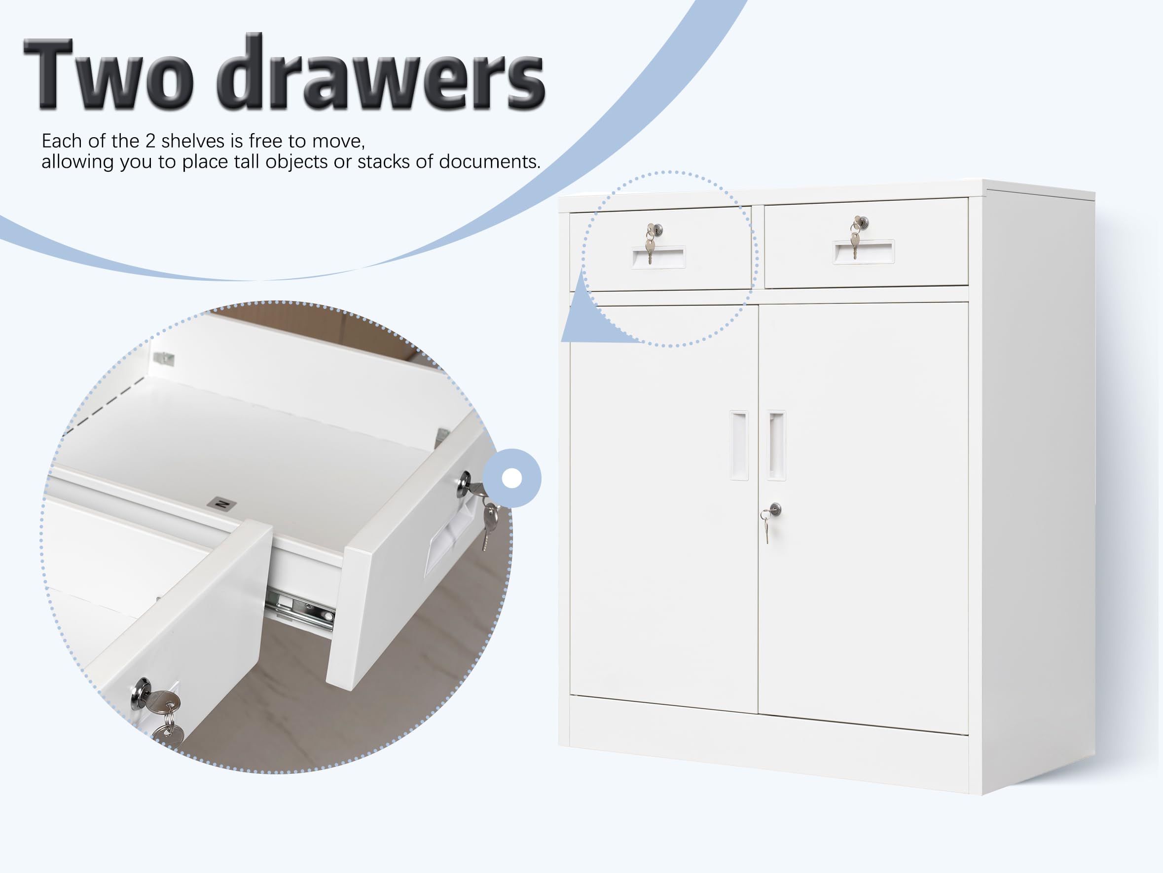 BESFUR 2 Drawers Metal Cabinet, 36” Locking File Cabinet for Garage、Classroom and Office - White