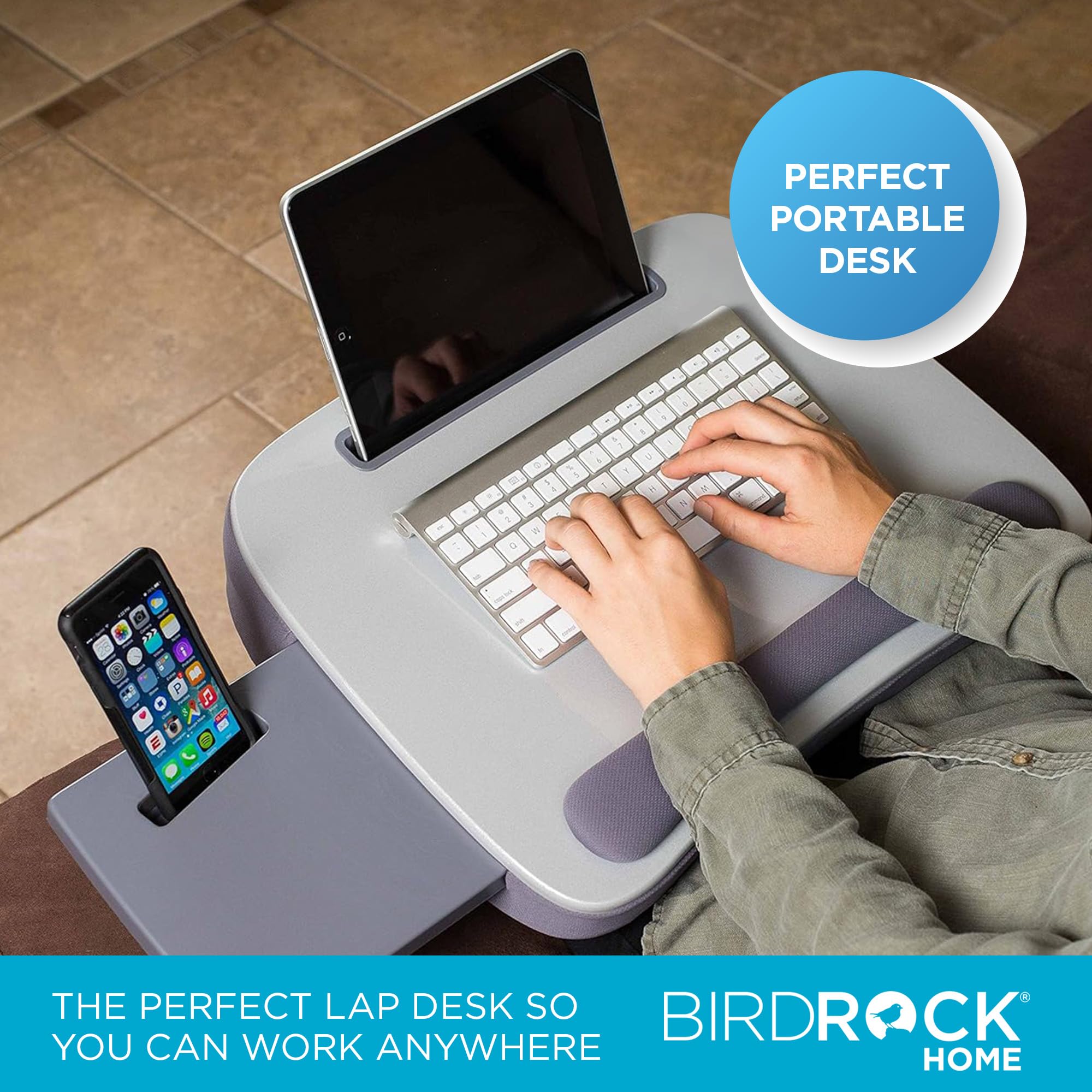 SOFIA + SAM Multi-Tasking Lap Desk with Memory Foam Cushion & Wrist Rest - Portable Computer Bed Tray - Fits Laptops Up to 15", Tablets Up to 9.6", Smartphones Up to 3.5" - Silver