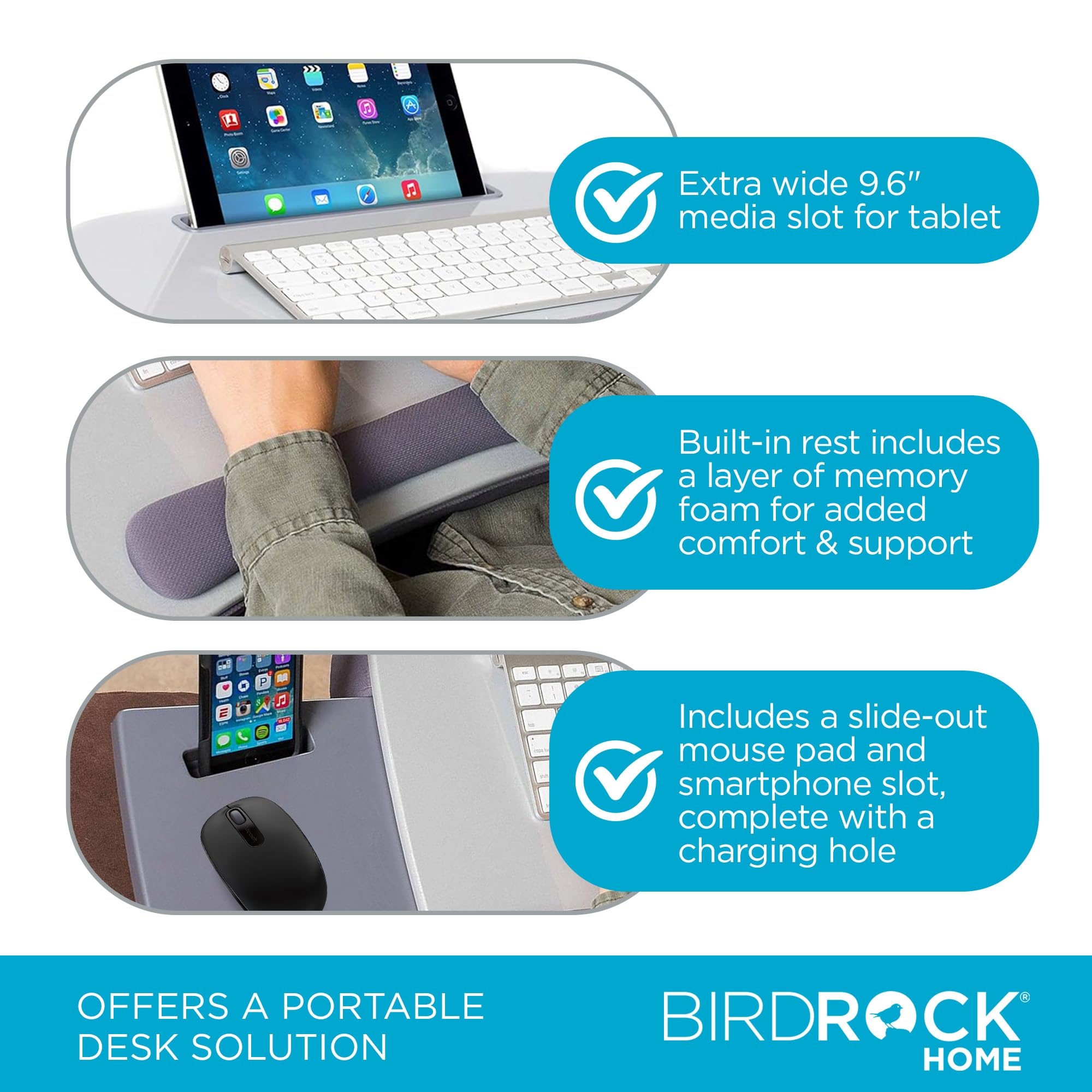 SOFIA + SAM Multi-Tasking Lap Desk with Memory Foam Cushion & Wrist Rest - Portable Computer Bed Tray - Fits Laptops Up to 15", Tablets Up to 9.6", Smartphones Up to 3.5" - Silver